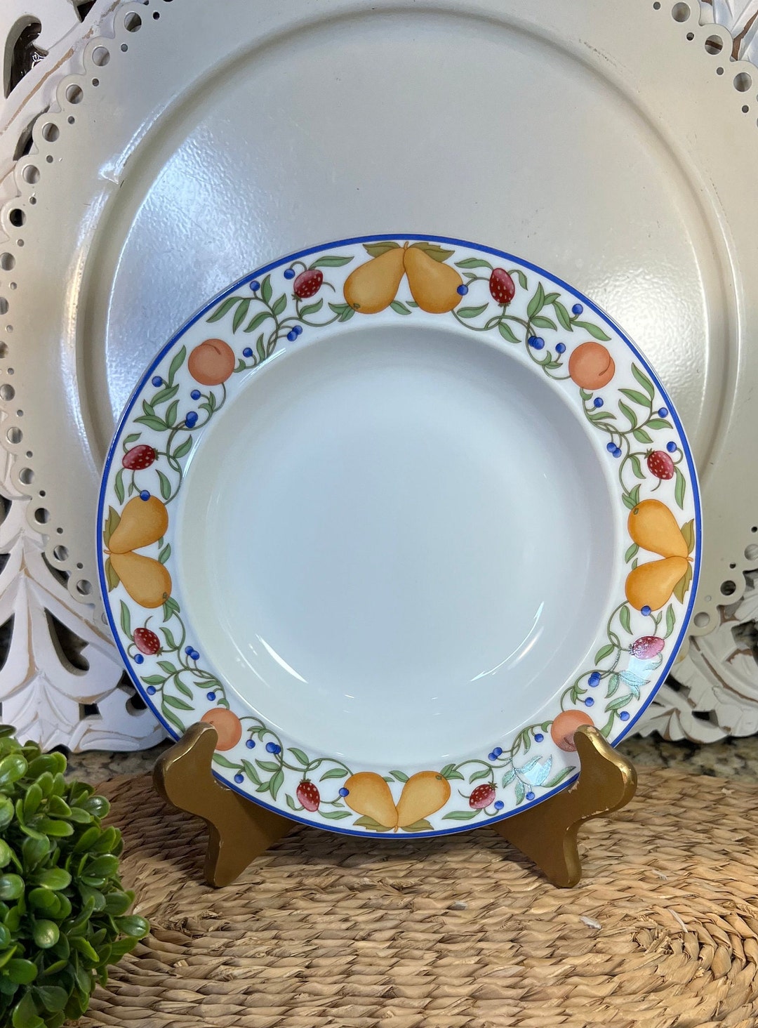 Dansk Fiance Fruits Rim Soup Bowls ~ Set of 4 ~ Blue Band, Colorful ...