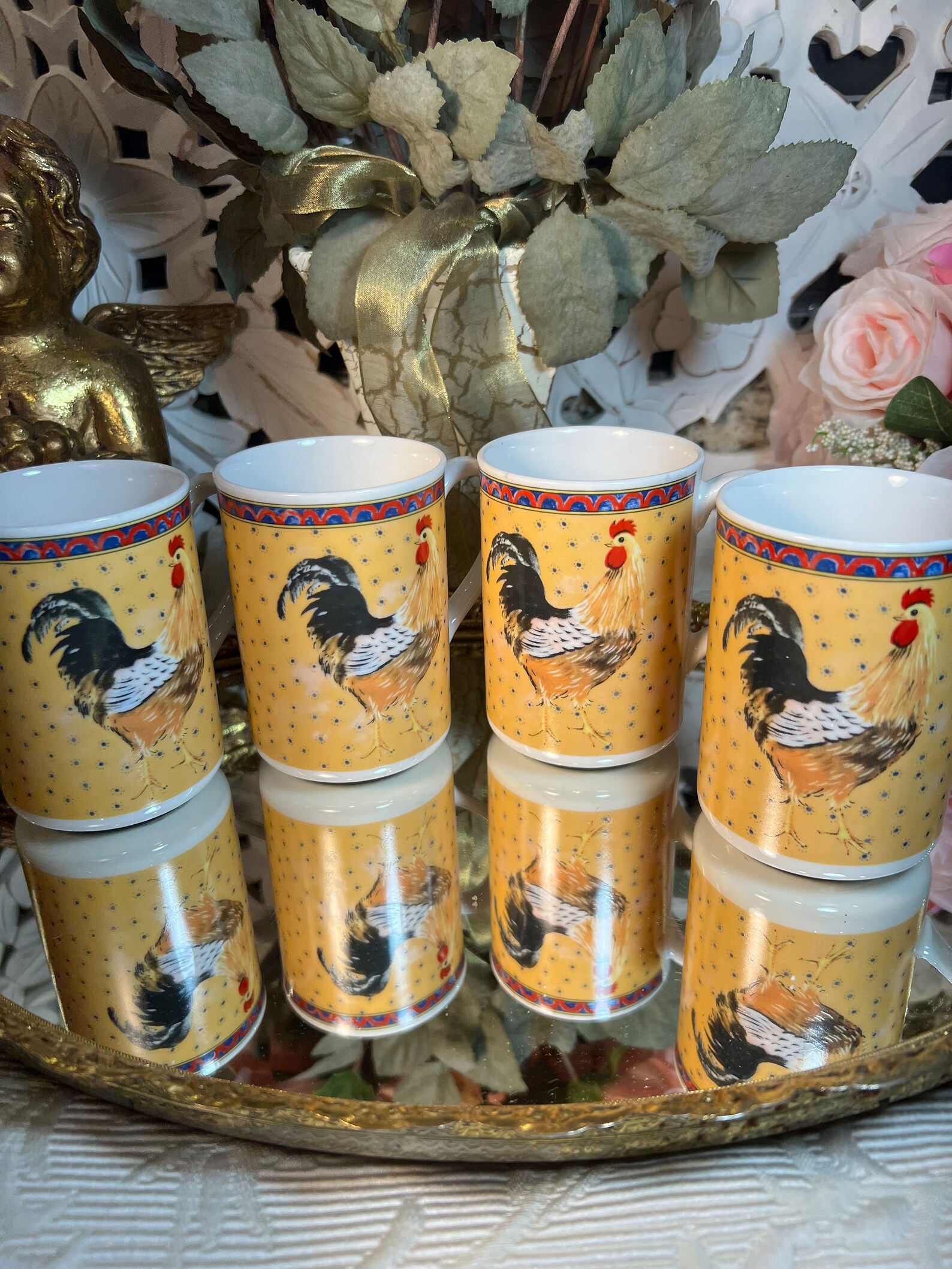 Stoneware Rooster Coffee Mugs ~ Vintage Yellow Rooster Coffee Cups ...