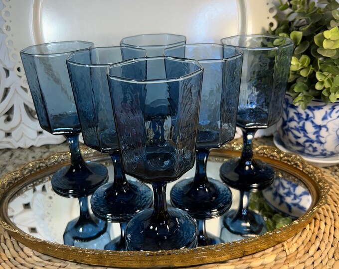 Libbey Facets Navy Glasses Blue Water Goblets Set of 6 Vintage Libbey ...