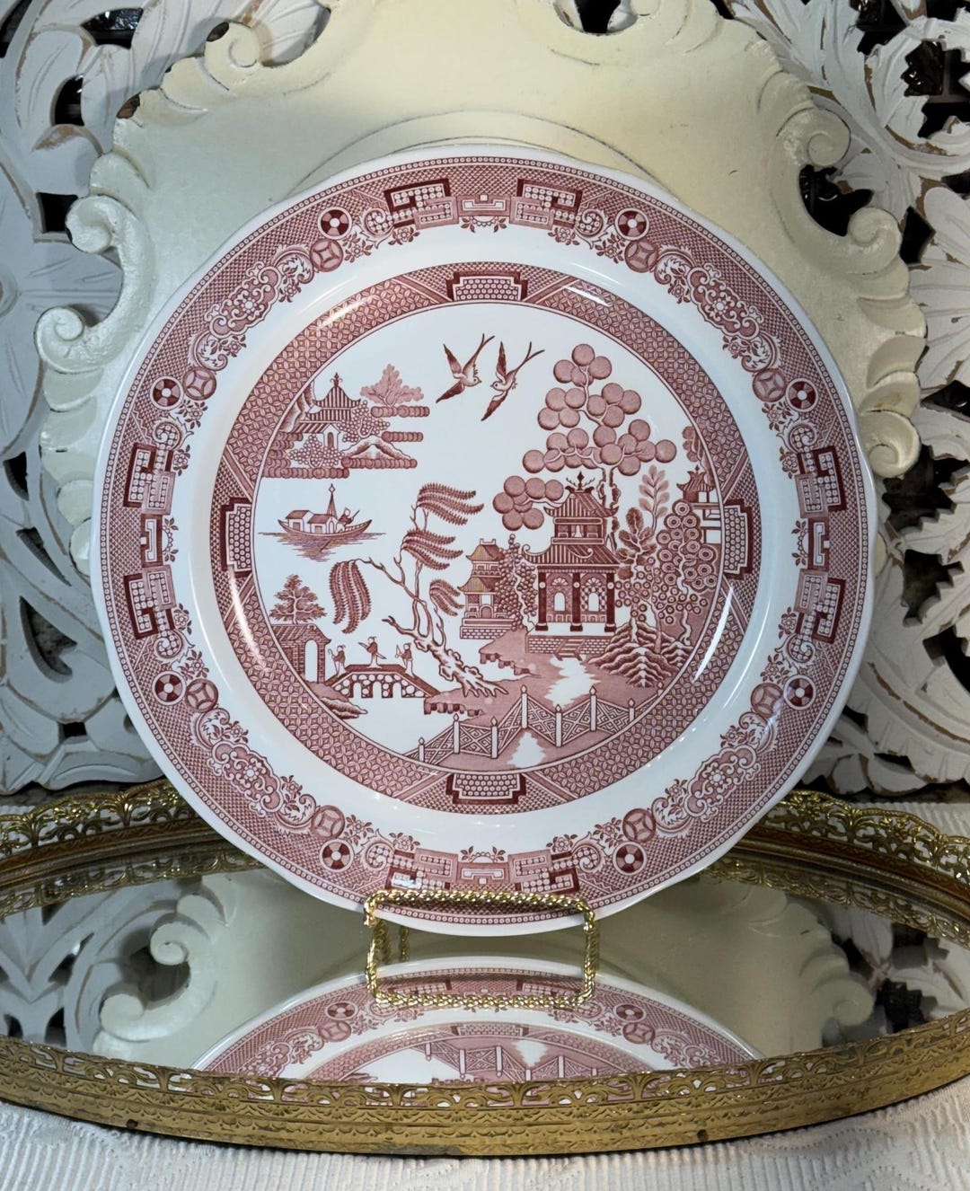Vintage Willow Pink Red Willow Dinner Plate Red and White Chinoiserie ...