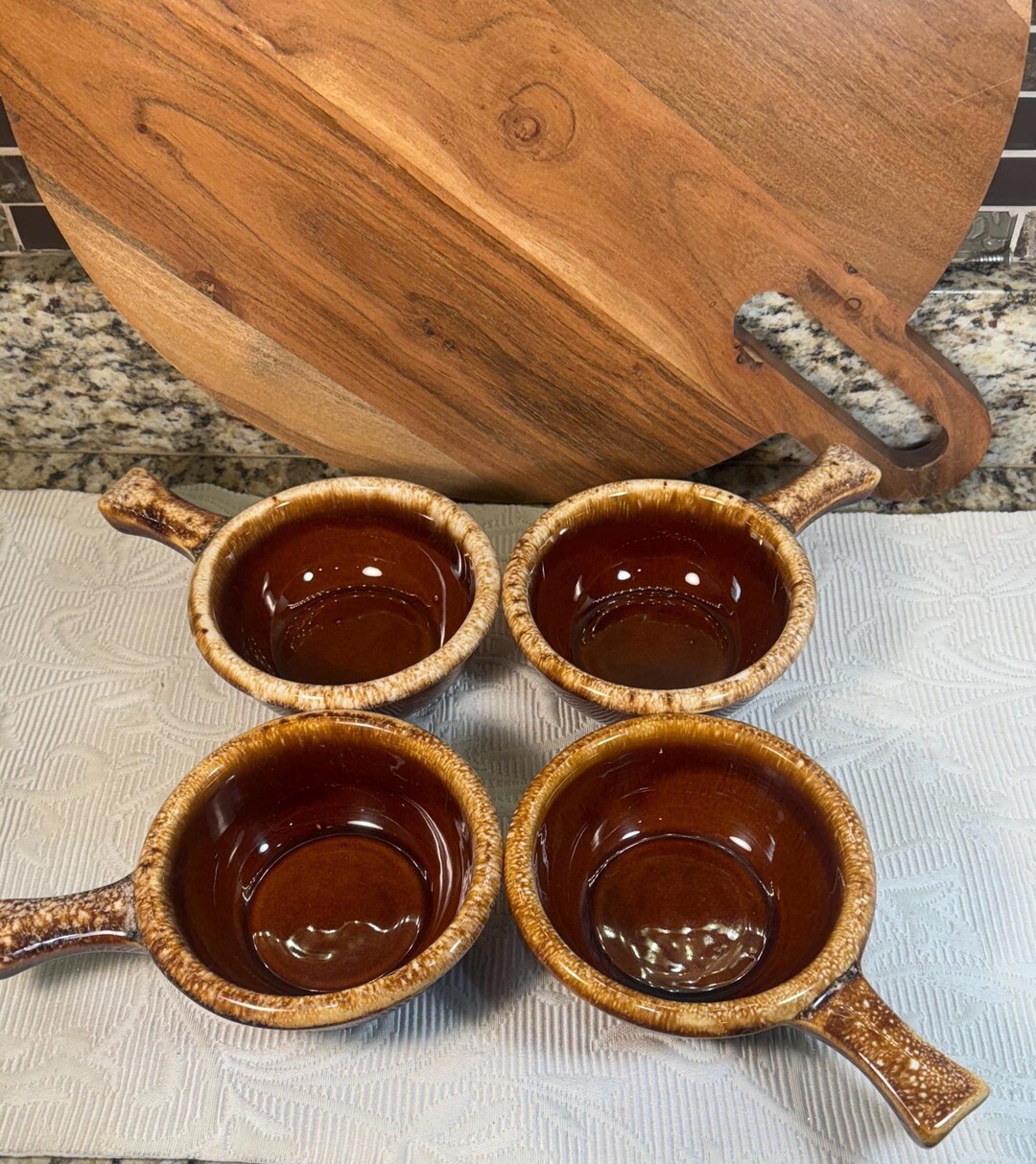 Vintage Hull Brown Drip Soup Crock Bowl With Handle ~ Set of 4 French ...
