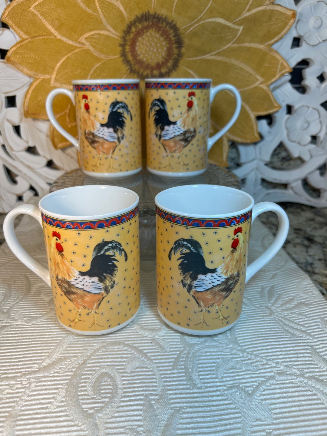 Stoneware Rooster Coffee Mugs ~ Vintage Yellow Rooster Coffee Cups ...