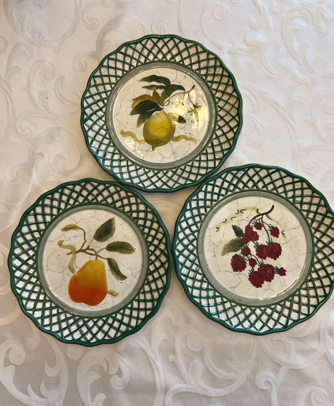 Raymond Waites Cornucopia Fruit Lattice Salad Plates - Set of 3 ~ Green ...