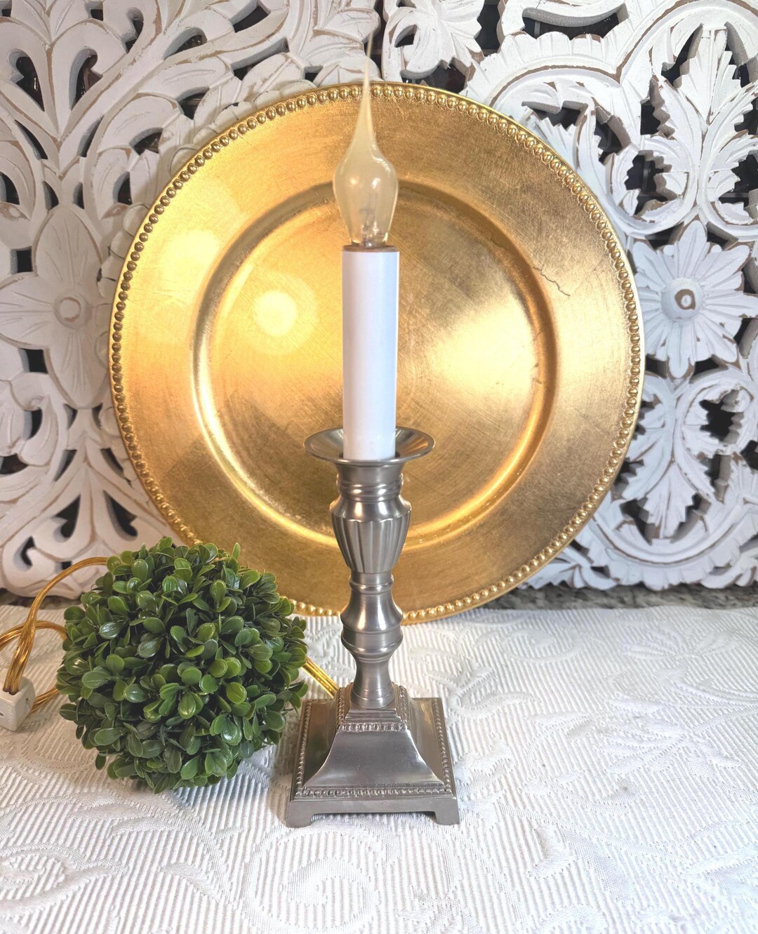 Vintage Pewter Candle Lamp ~ Mini Electric Candle Lamp ~ Bookshelf Lamp ...