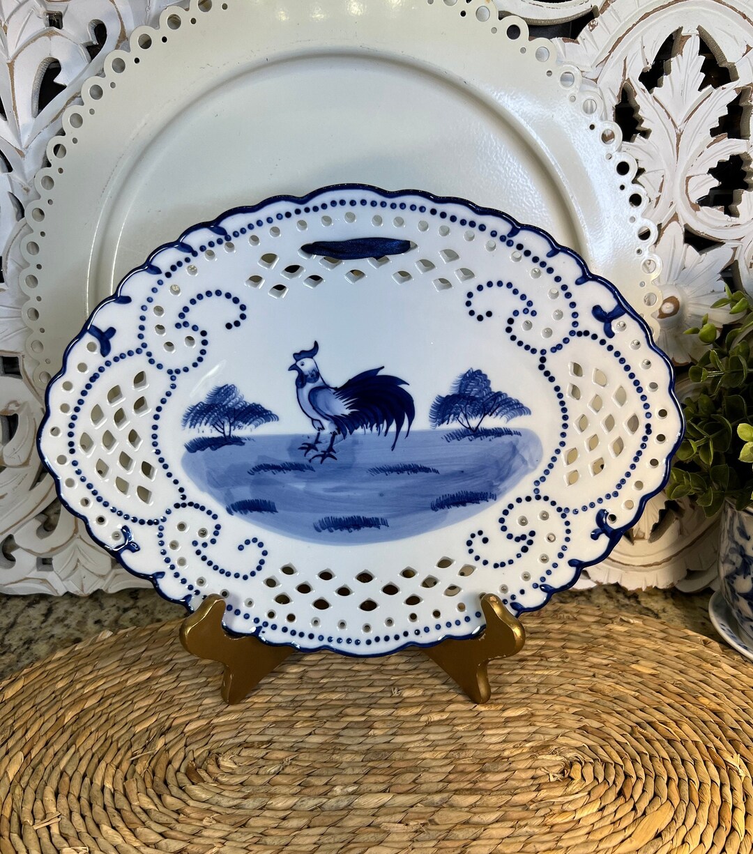 Blue & White Reticulated Rooster Plate Vintage Lillian Vernon Blue ...