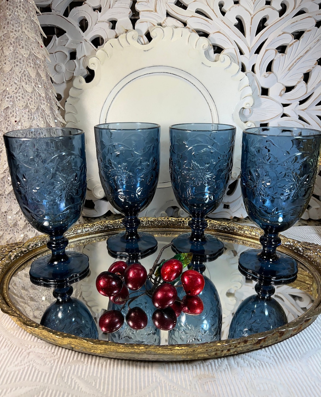 Princess House Fantasia Sapphire Blue Iced Tea Goblets Vintage Blue Glass Goblets Set of 4 Wine ...