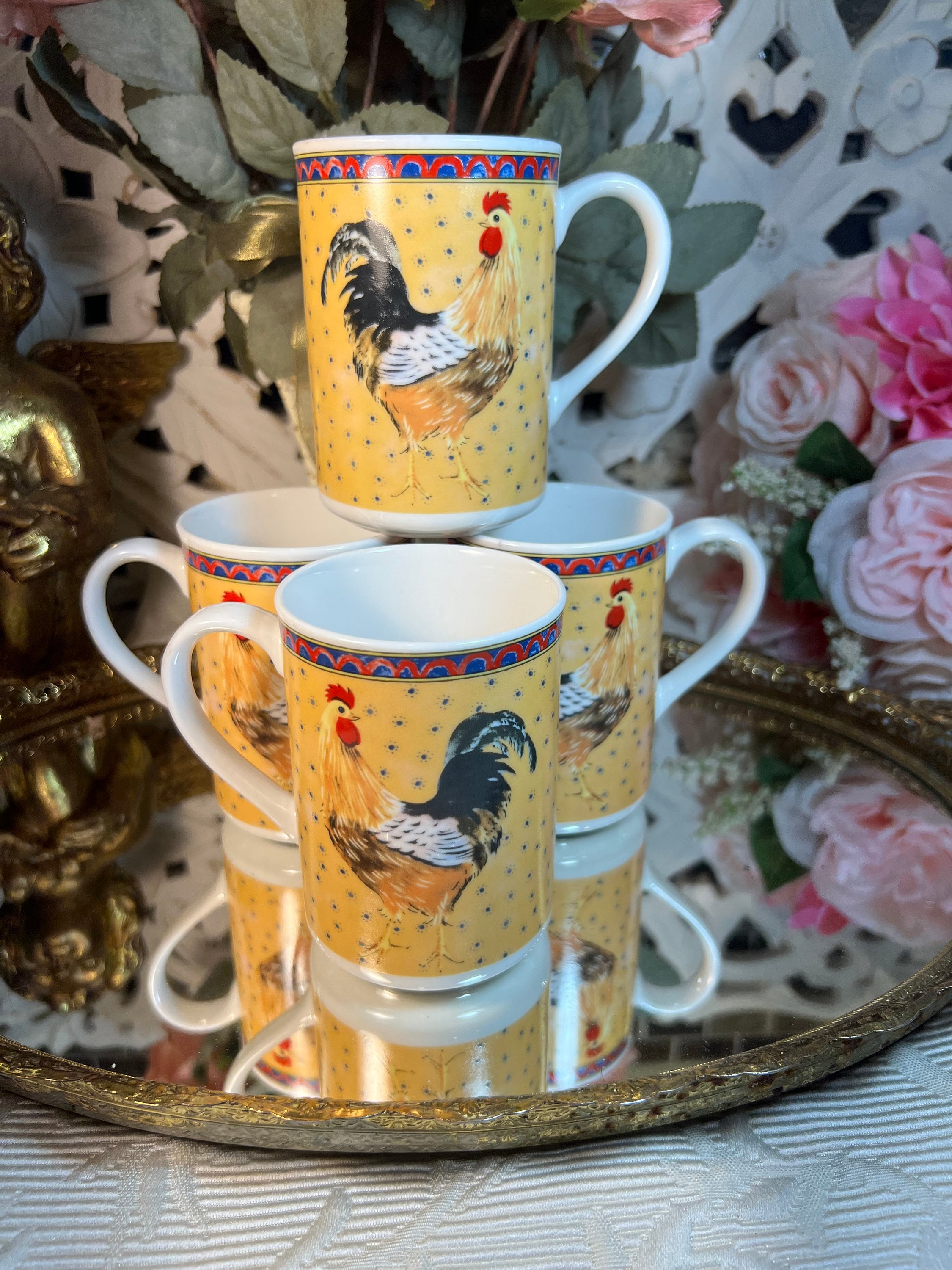 Stoneware Rooster Coffee Mugs ~ Vintage Yellow Rooster Coffee Cups ...
