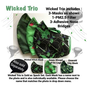 Wizard of Oz Face Mask W/ Filter Pockets; Toto, Villians, Wicked Witch ...