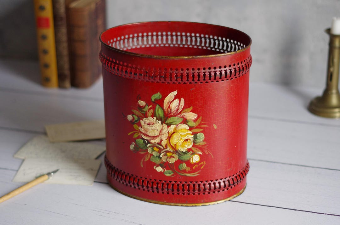 French Tole Bin Antique Toleware Hand Painted Floral With Roses Waste ...
