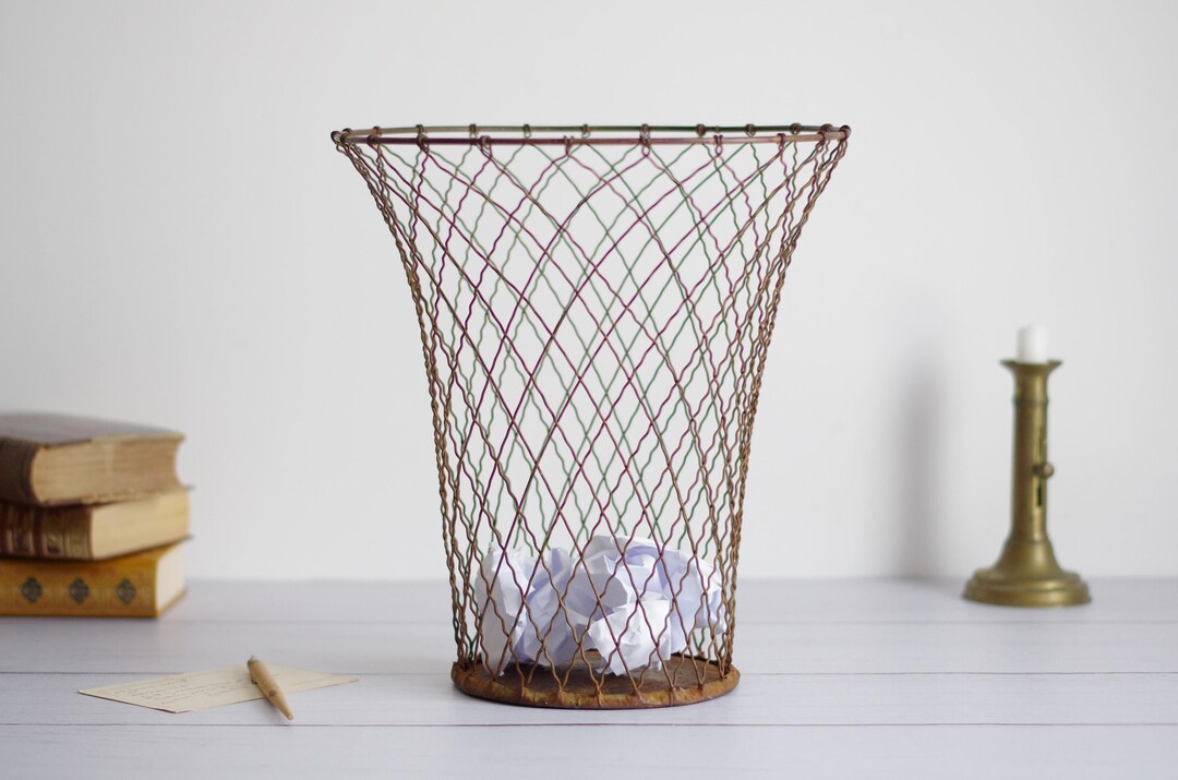 Antique French Wire Waste Paper Bin Rusty Office Rubbish Basket Fil De ...