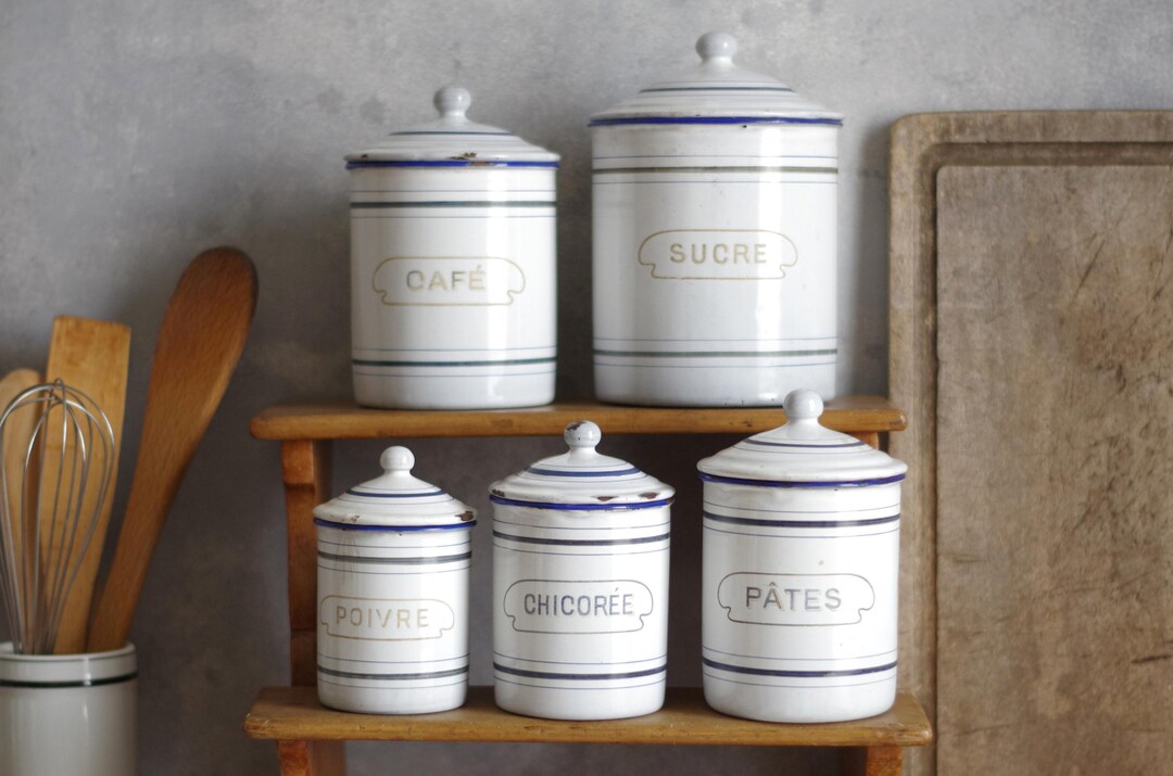 5 Antique French Enamel Canisters, French Vintage Enamelware Kitchen ...