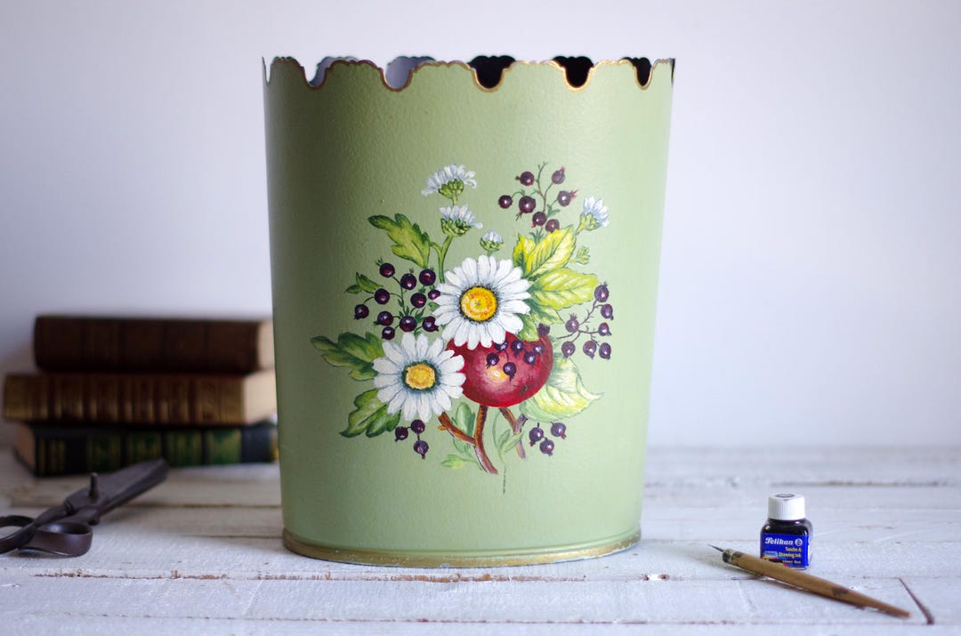 French Tole Bin Hand Painted Floral Waste Paper Basket - Etsy