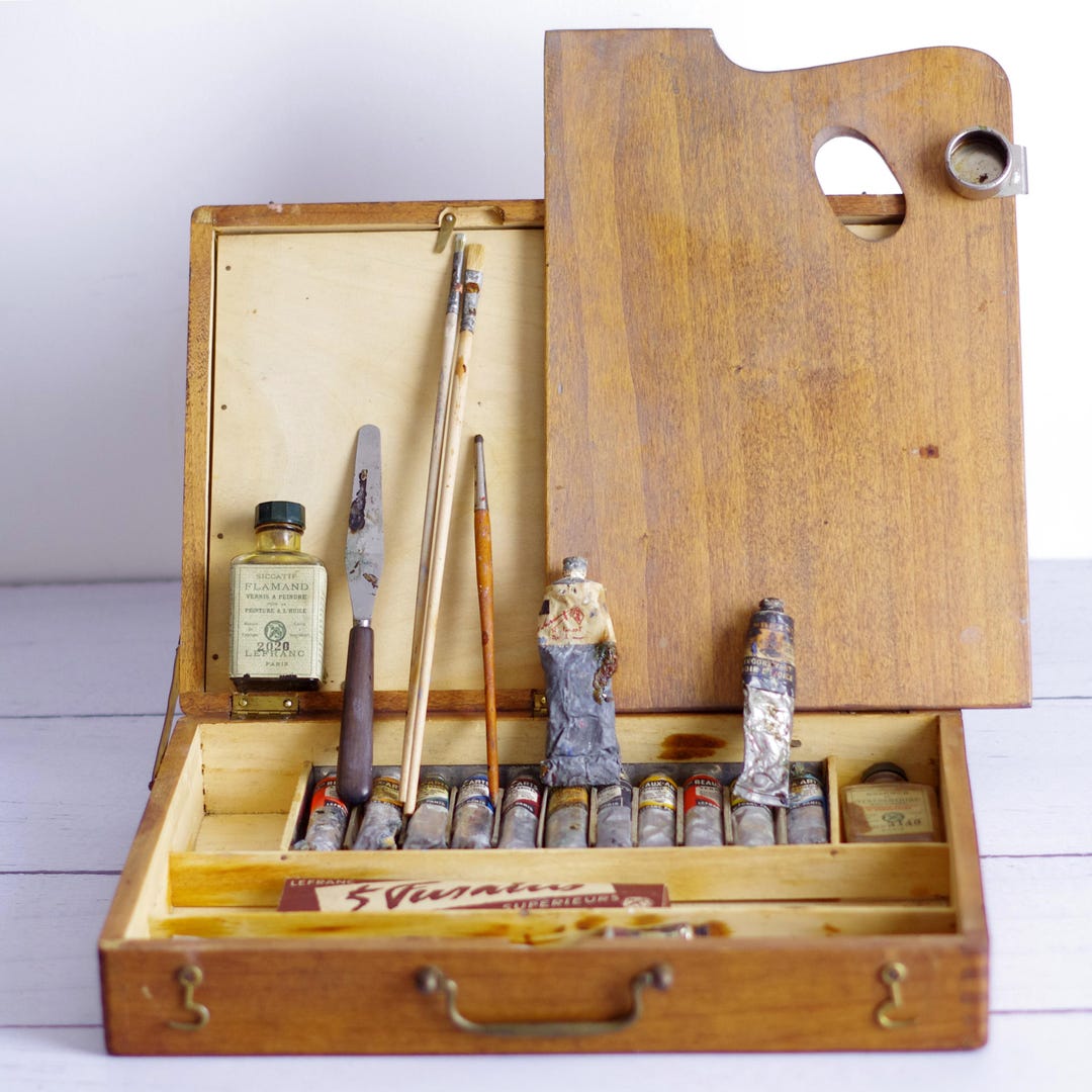 Antique French Artist's Case With Pallet & Oil Paints Wooden Painter’s ...