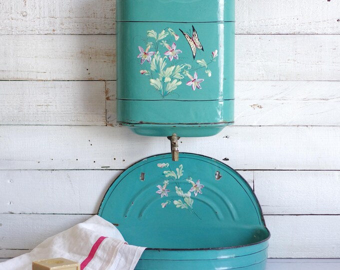 Antique French Enamel Wall Fountain Lavabo, Wash Bowl Tank, Tap ...