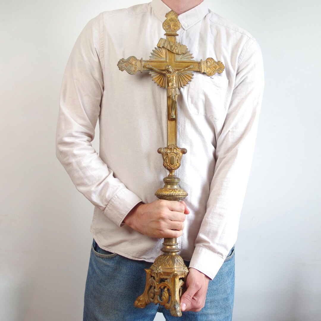 Large Antique Altar Crucifix, Gilded Bronze Standing Cross, 19th ...