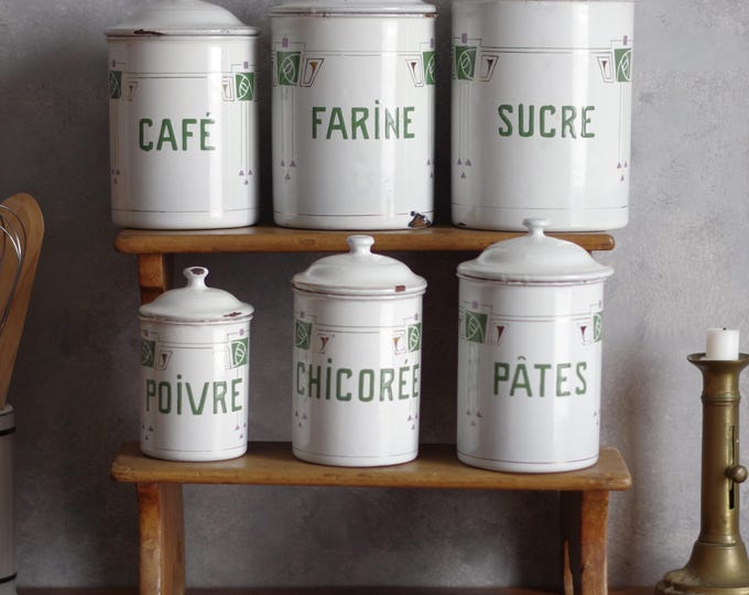 6 Antique Art Deco Enamel Canisters, French Vintage Enamelware Kitchen ...