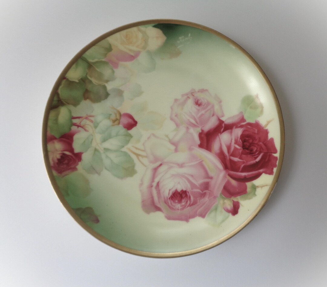 Antique Thomas China Bavaria Plate Hand Painted Pink Green Cabbage Rose ...