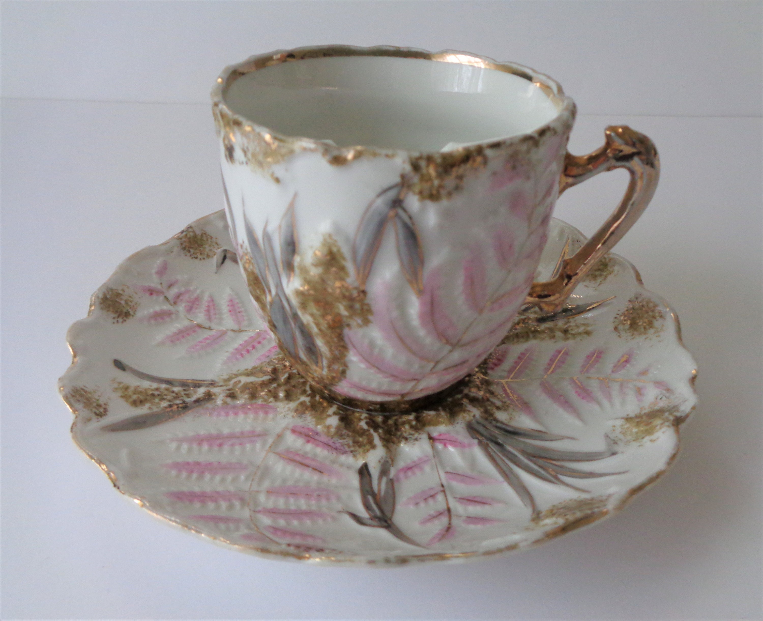 Antique Moustache Tea Cup and Saucer Set White China With Pink Gray ...