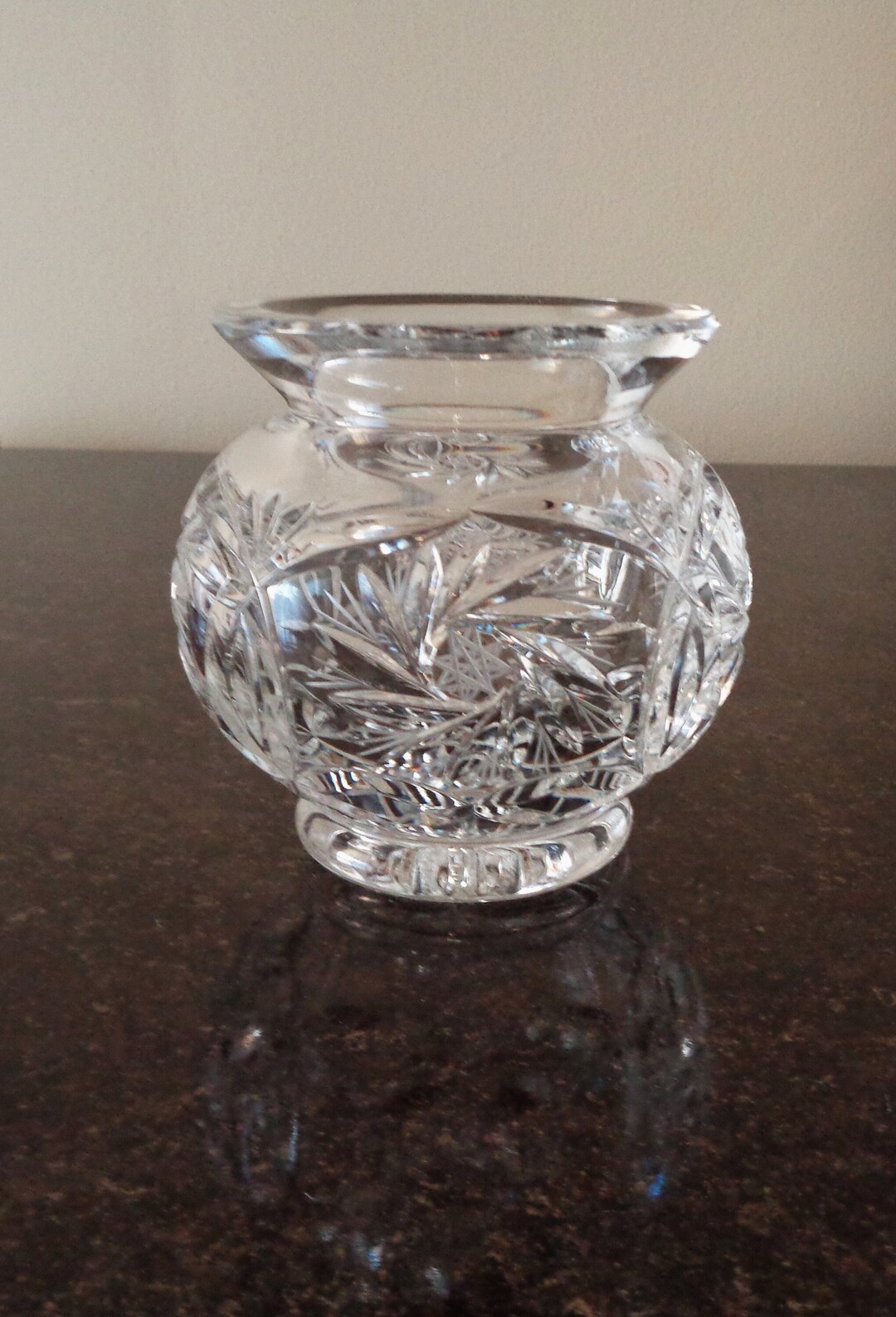 Vintage Small Cut Glass Rose Bowl Vase Heavy Clear Glass Round Shape ...