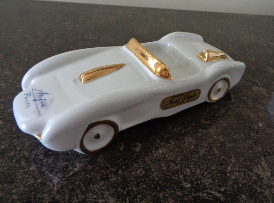 Vintage Capodimonte Figurine, Race Car White China Figurine With Gold ...