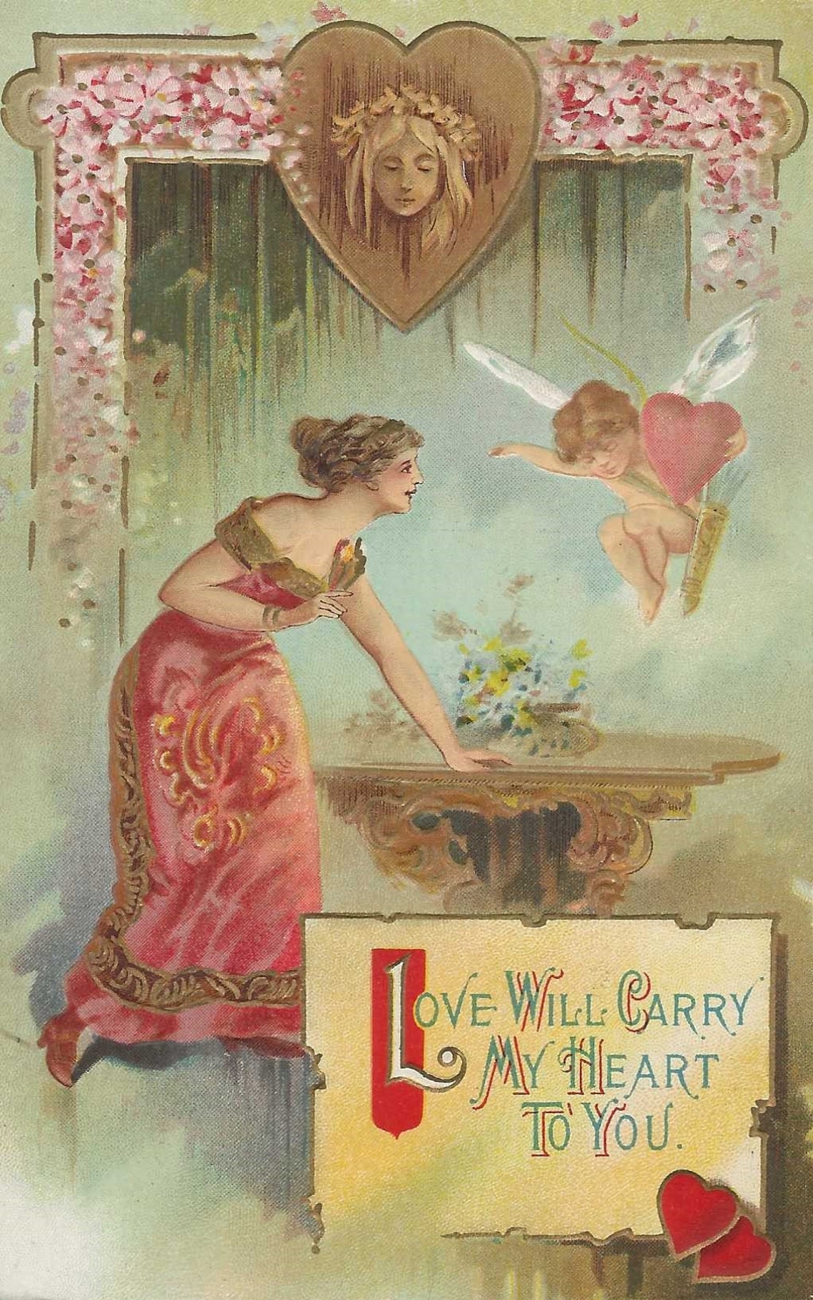 Vintage Printed Valentine Postcard Depicting Lady and Cupid February 12 ...