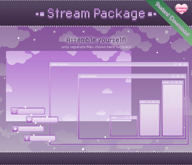Purple Animated Stream Overlay Package: Kawaii Cloud Theme (digital ...