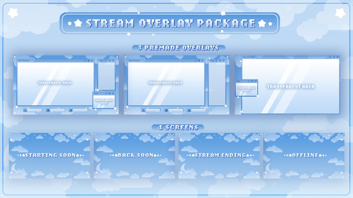 Stream Overlay Package for Twitch BLUE Version Cute Cloud Overlays ...