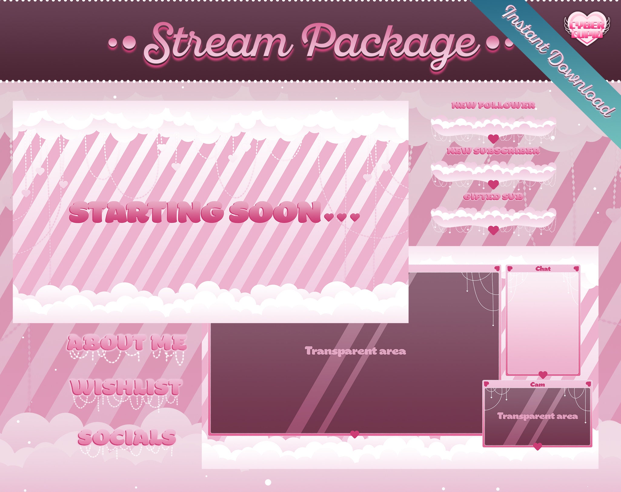 Stream Package for Twitch Cute Pink Cloud Heart Jewels Design Gyaru ...