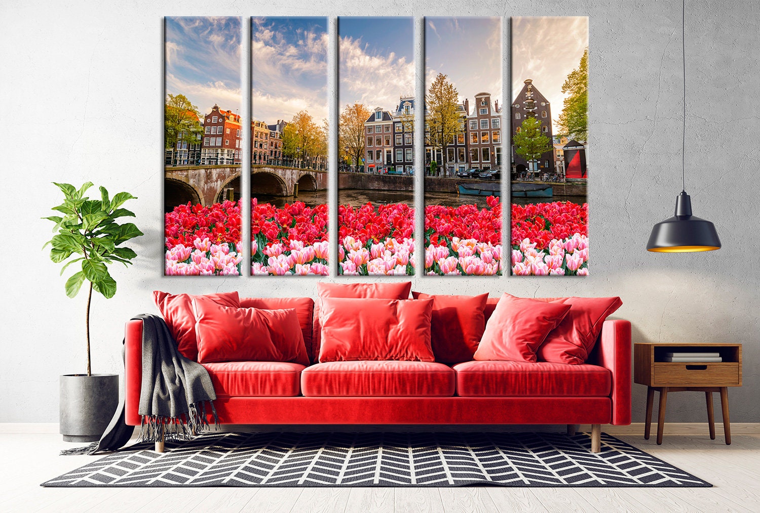 Amsterdam City Skyline Canvas Spring Tulip Flower Wall Art Netherlands ...