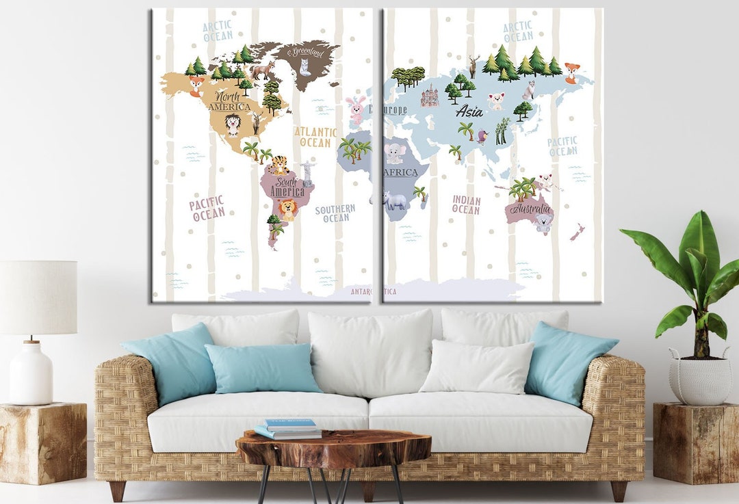 Kids Decor Nursery Wall Art World Map Illustration Animal Map of the ...