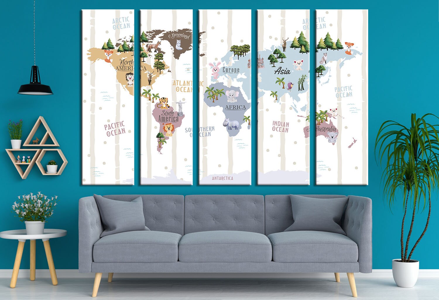 Kids Decor Nursery Wall Art World Map Illustration Animal Map of the ...