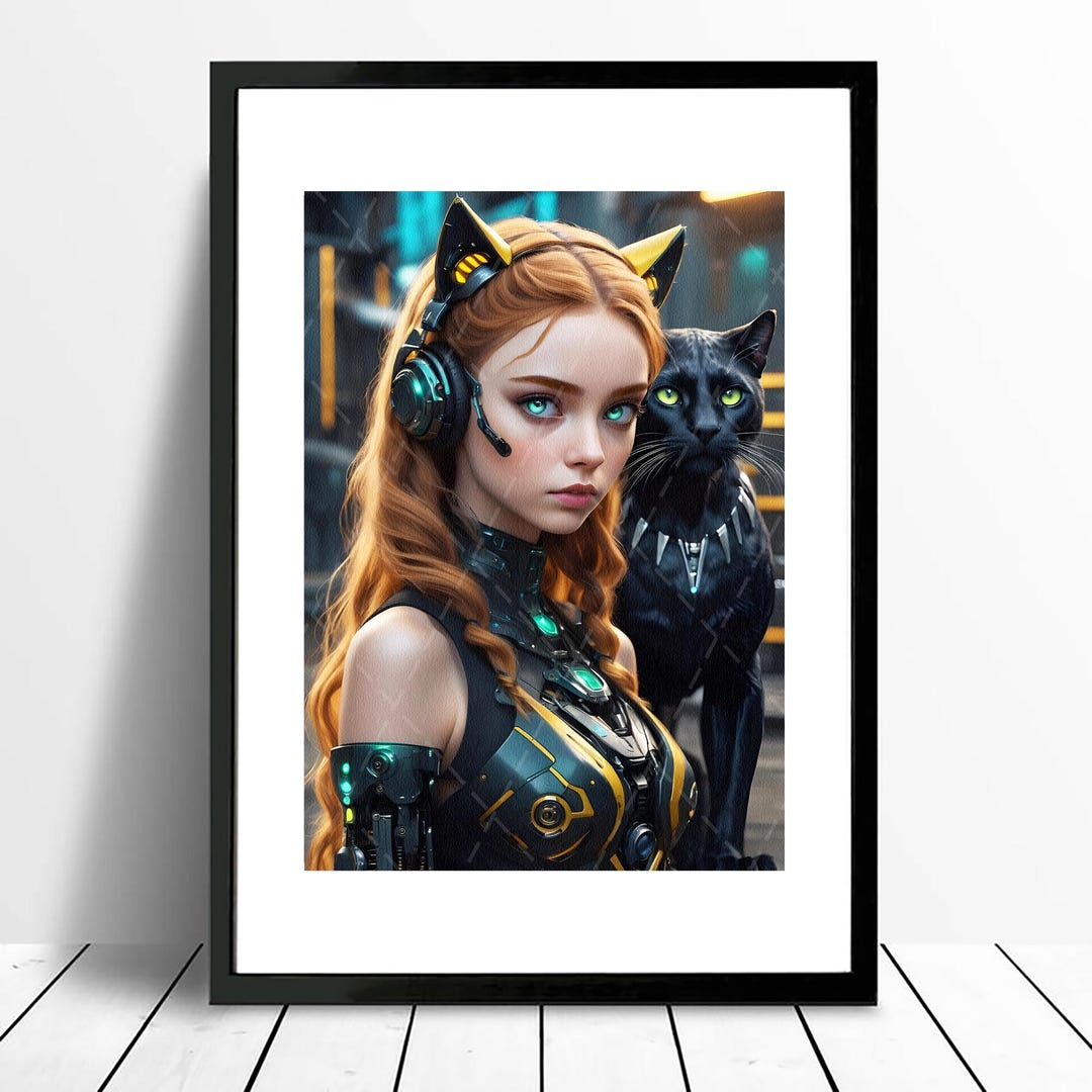 Sweet Robotic Girl & Her Silky Black Cat, Cyberpunk Elegance, Ginger ...