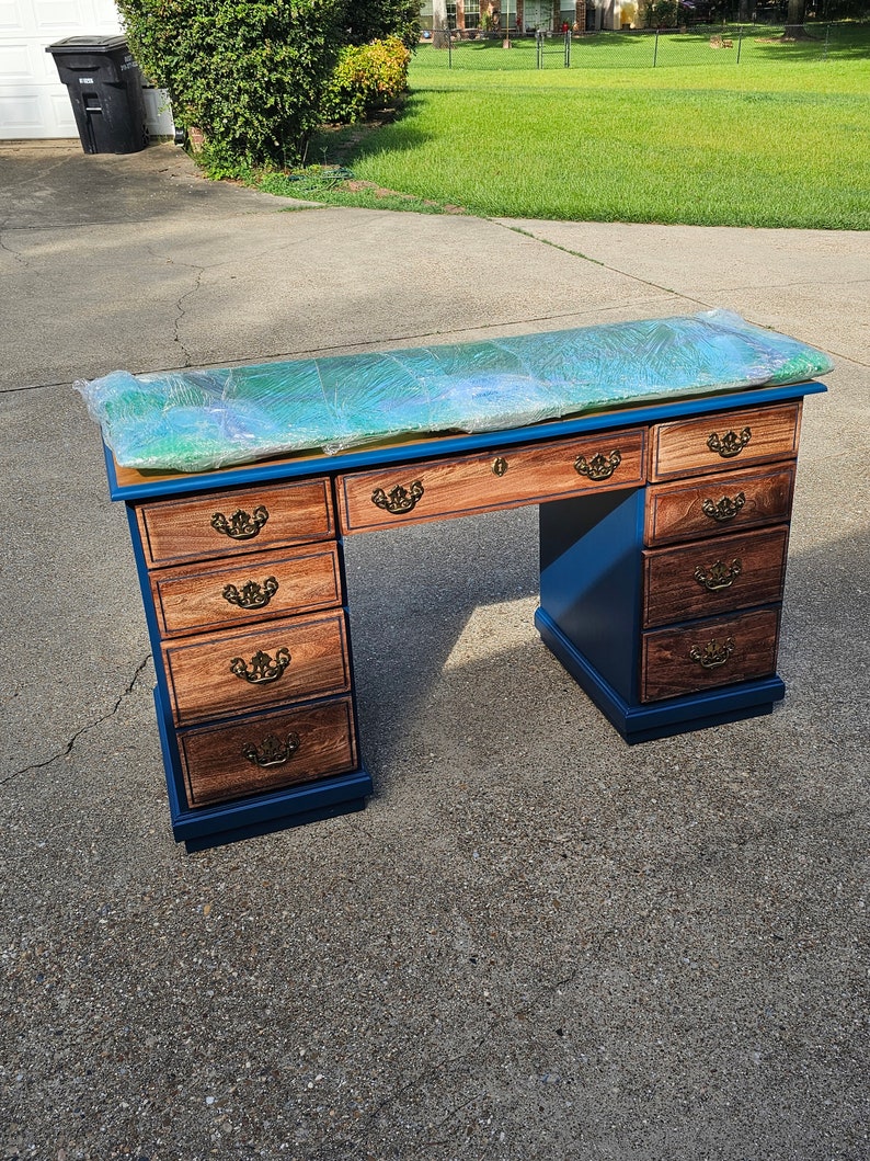 Vintage Style Blue and Wood Office Desk With Drawers and Lock and Key ...