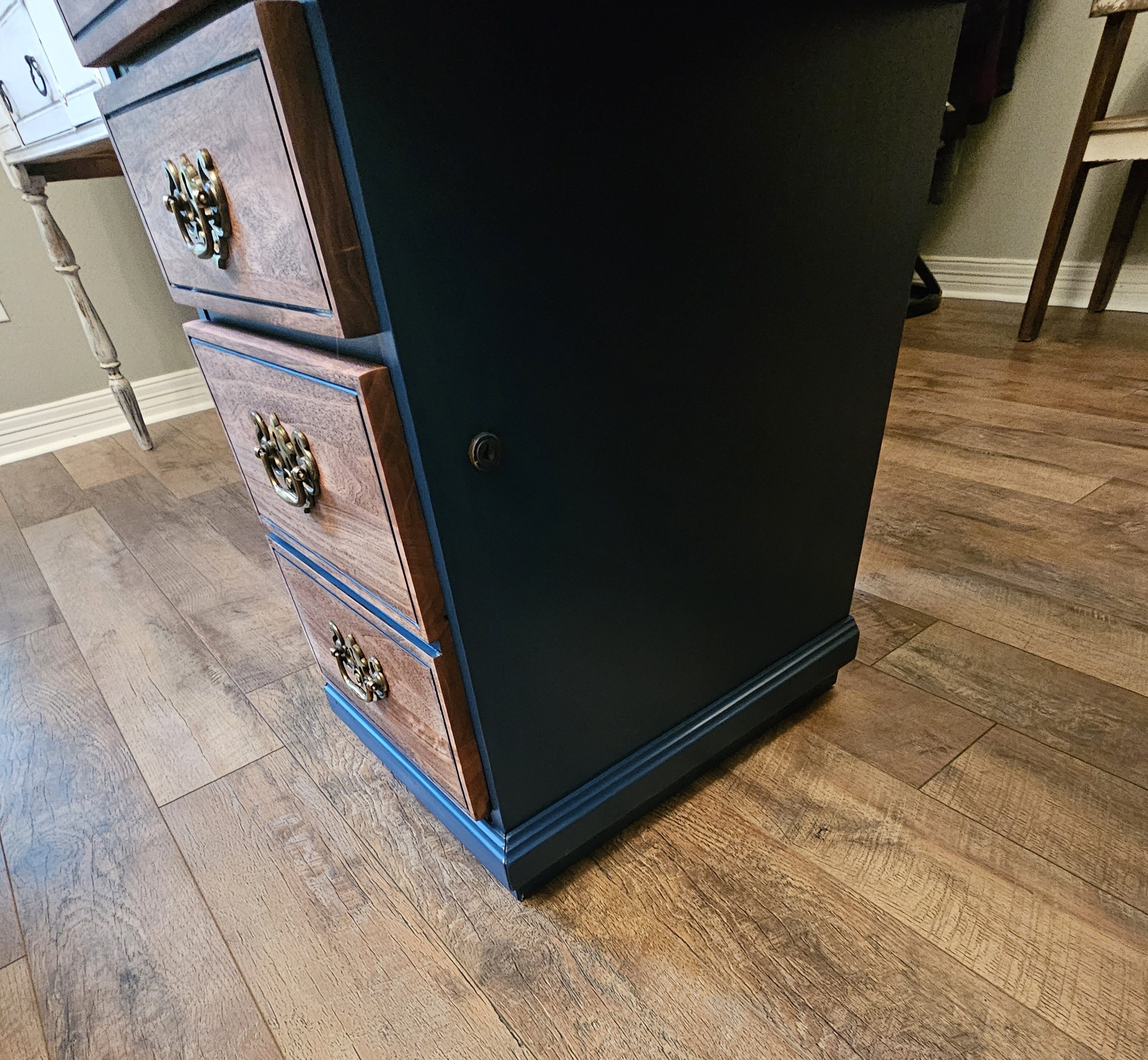 Vintage Style Blue and Wood Office Desk With Drawers and Lock and Key ...