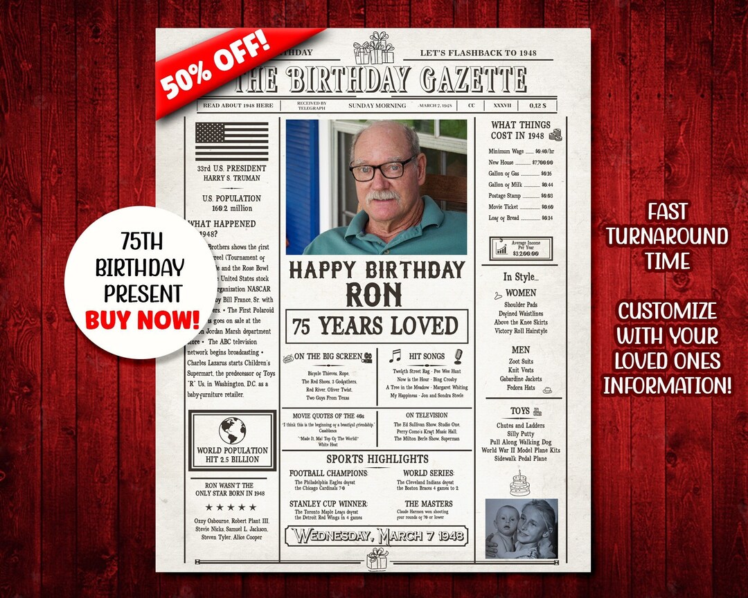 Personalized Birthday Newspaper for 75th Birthday Unique - Etsy