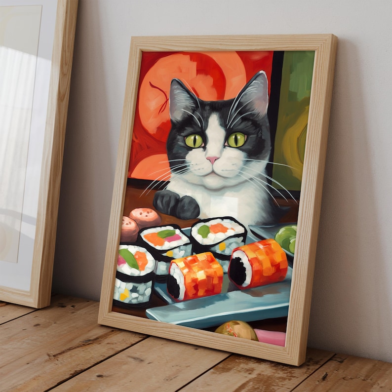 Cat Eating Sushi, Funny Cat Wall Art Print, Kitchen Decor - Etsy
