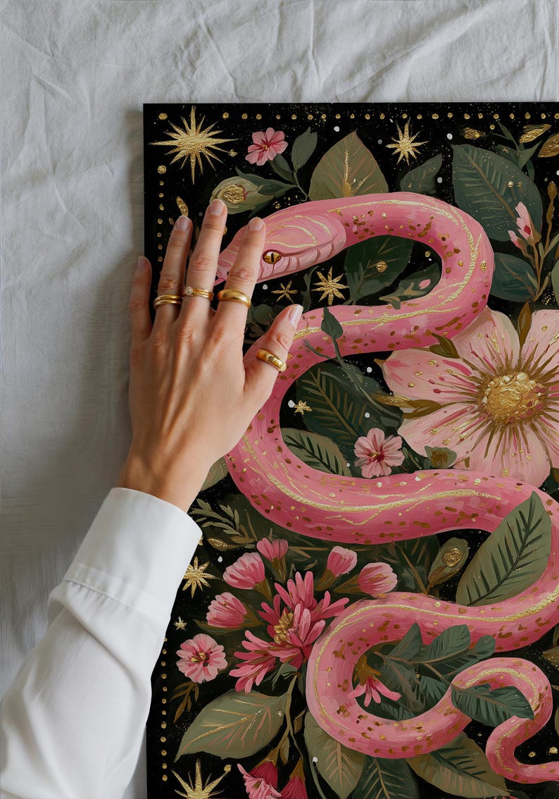 Celestial Pink Snake Florals Wall Art, Witchy Cottagecore Wall Art ...