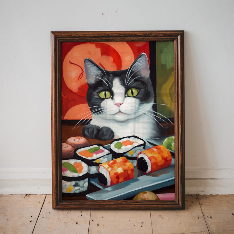 Cat Eating Sushi, Funny Cat Wall Art Print, Kitchen Decor - Etsy
