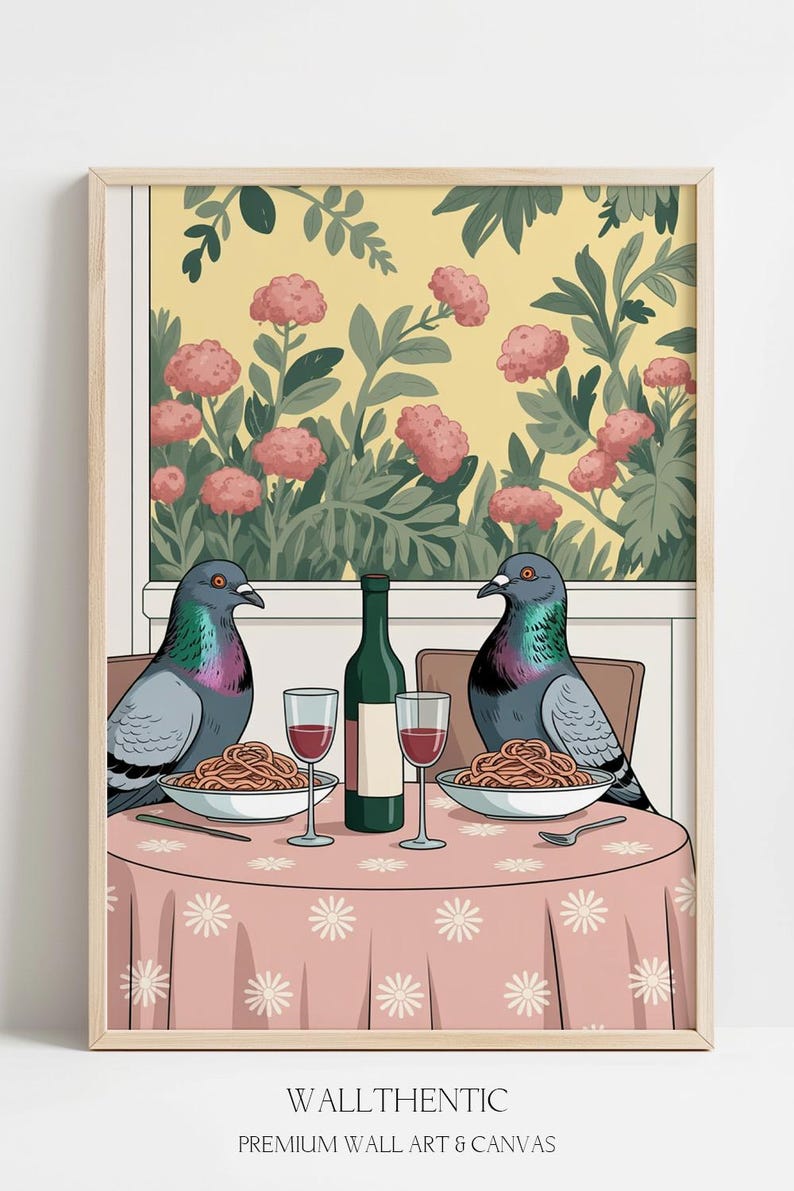 Pigeons at Dinner Print, Trendy Bar Cart Decor, Simple Funny Wall Art ...