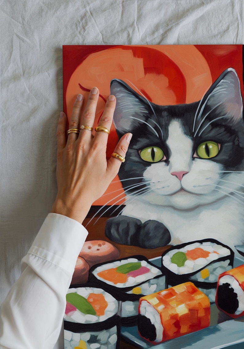 Cat Eating Sushi, Funny Cat Wall Art Print, Kitchen Decor - Etsy