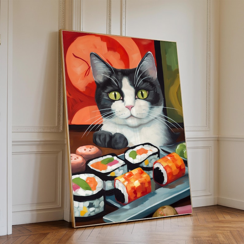 Cat Eating Sushi, Funny Cat Wall Art Print, Kitchen Decor - Etsy