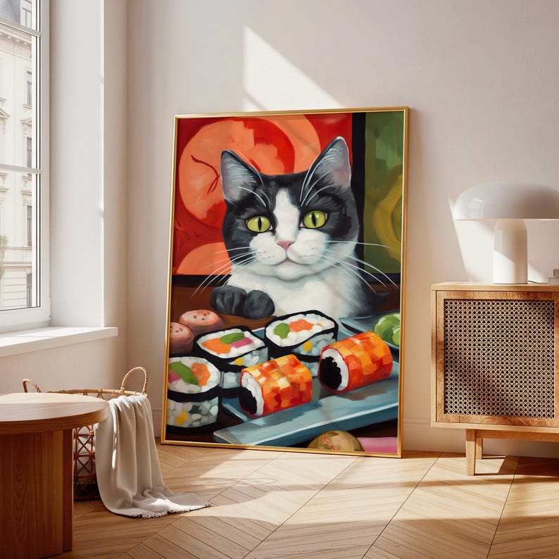Cat Eating Sushi, Funny Cat Wall Art Print, Kitchen Decor - Etsy