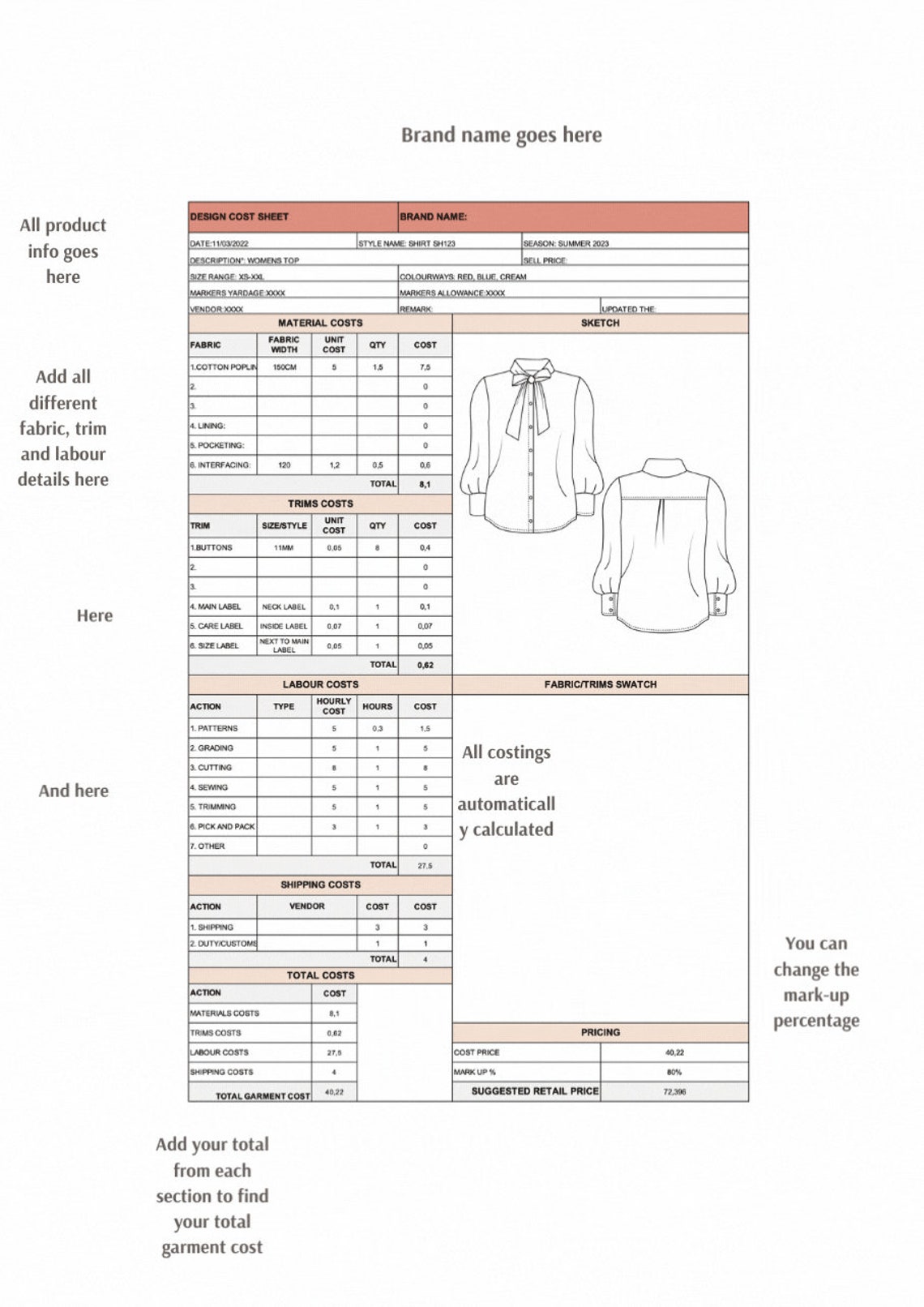 Garment Cost Sheet Template, Auto Calculating, Product Cost Sheet ... Garment Cost Sheet Template, Auto Calculating, Product Cost Sheet ...