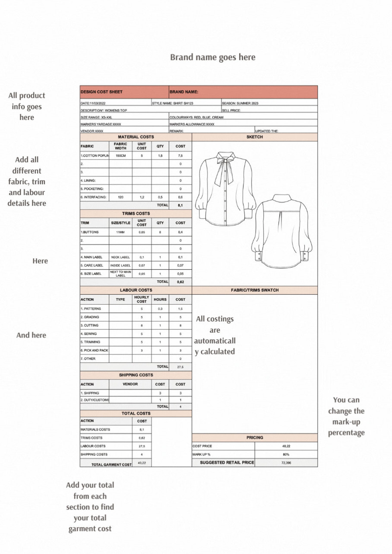 Garment Cost Sheet Template, Auto Calculating, Product Cost Sheet ...