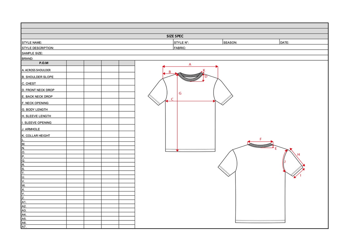 T-shirt Size Spec, Excel Size Spec, Points of Measure, Size Spec for ...