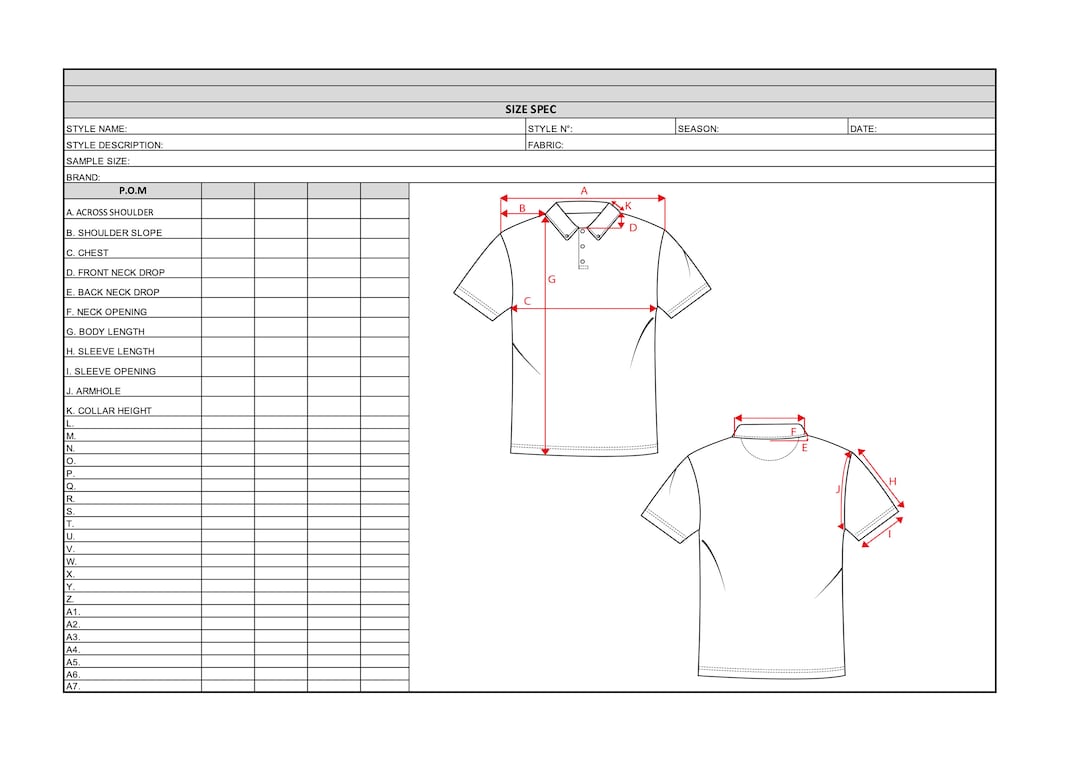 Polo Shirt Size Spec, Excel Size Spec, Points of Measure, Size Spec for ...