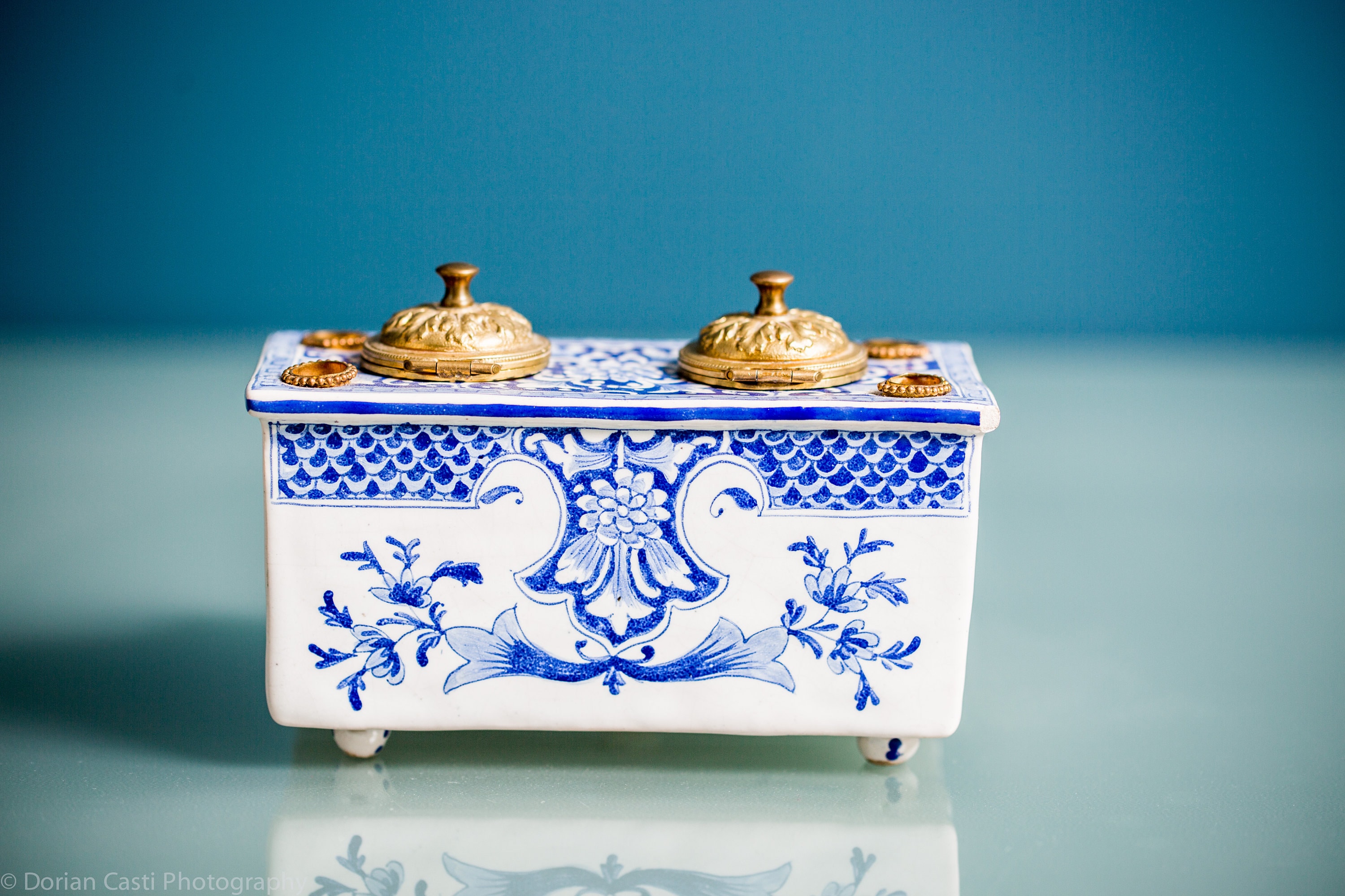 Double Desk Inkwell and Quill Holder in the Style of Delft Paris - Hand ...
