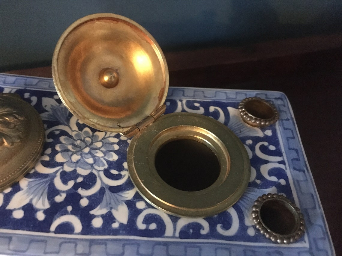 Double Desk Inkwell and Quill Holder in the Style of Delft - Etsy