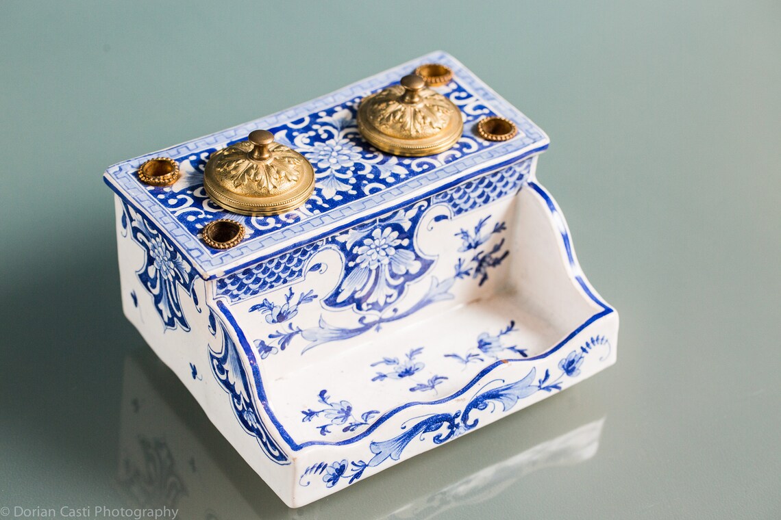 Double Desk Inkwell and Quill Holder in the Style of Delft - Etsy