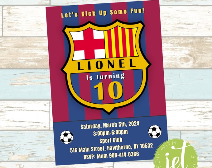 Editable Soccer FC Barcelona Inspired- Fan- Birthday Invitation - Barca ...